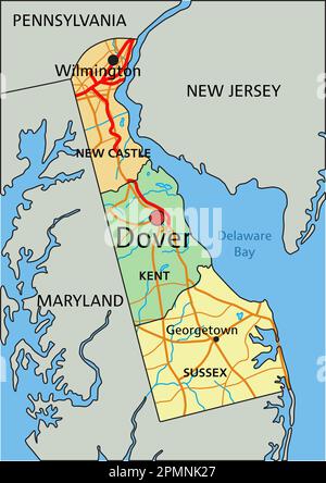 Delaware - Highly detailed editable political map with labeling Stock ...