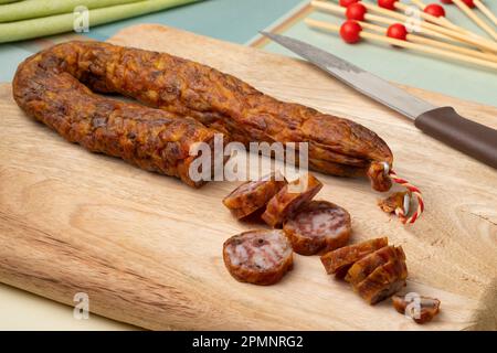 Traditional Dutch dried mature sausage, boerenmetworst close up ...