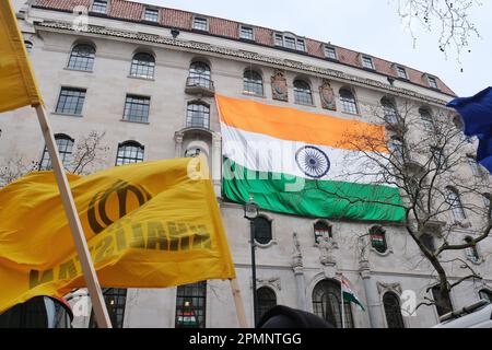 A "Khalistan" flag at a protest against the mass arrests of Sikh ...