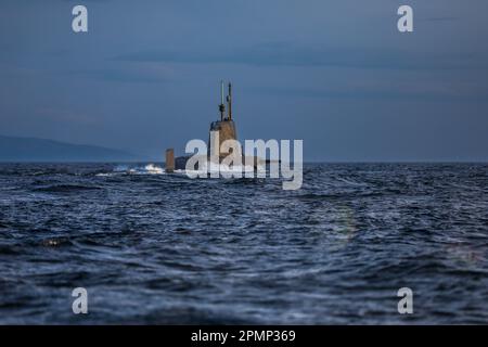 A surfaced Astute class nuclear powered hunter killer submarine of the ...