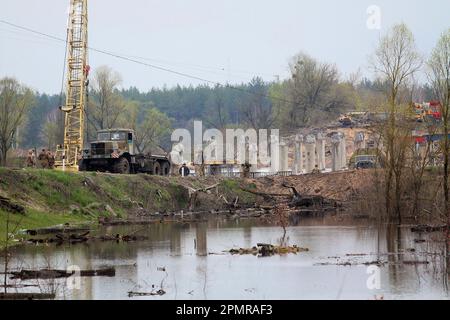 IVANKIV, UKRAINE - APRIL 14, 2023 - A pontoon bridge is being ...