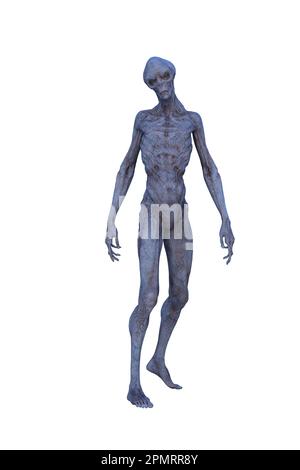 Blue grey skinned alien man in a bent walking pose. 3D rendering ...