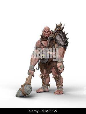 A giant ogre fantasy creature standing with morningstar weapon in his ...
