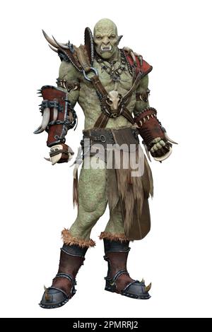 Orc warrior in battle armour holding a giant axe. Fantasy creature 3d ...