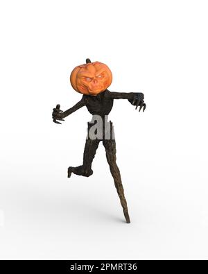 Fantasy Halloween possessed scarecrow with pumpkin head. 3D render ...