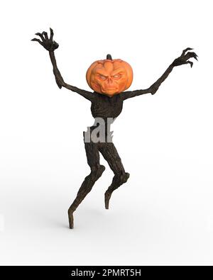 Fantasy Halloween possessed scarecrow with pumpkin head. 3D render ...