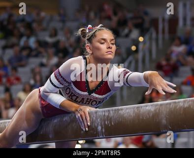 Oklahoma's Jordan Bowers competes on the floor exercise during the NCAA ...