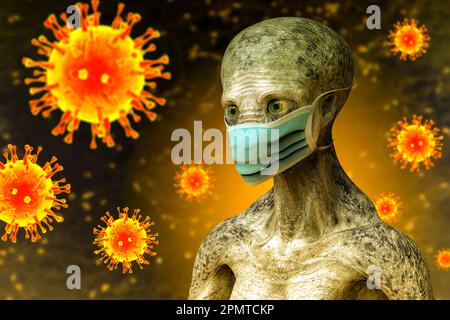 Humanoid alien in face mask surrounded by viruses, conceptual 3D ...