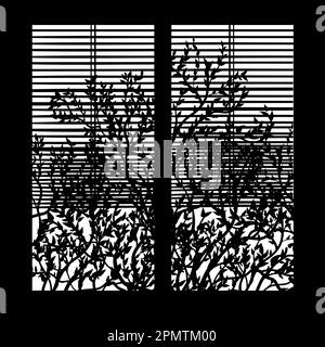 Silhouette of window, blinds and branches on black background. Gobo ...