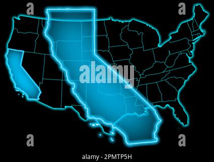 Map of California, glowing blue neon outline on a black background ...