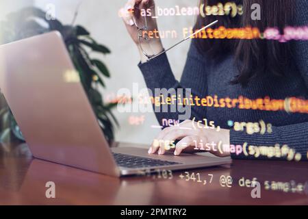 girl programmer at home writes programming code script on virtual Stock ...
