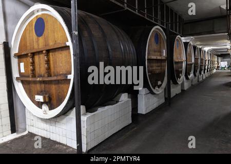 Wine fermentation tank made of oak wood. Steel vats for wine ...