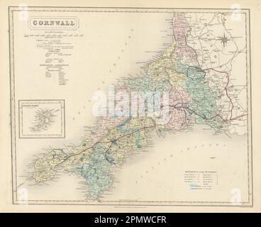 CORNWALL: Antique county map. Railways roads canals. Constituencies ...