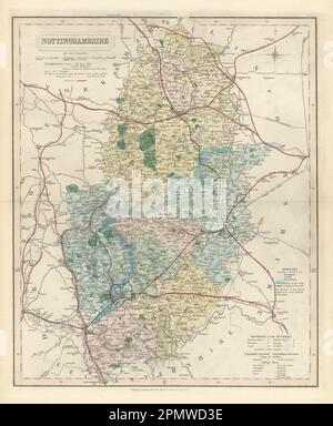 Nottinghamshire antique county map by J & C Walker. Railways & boroughs ...