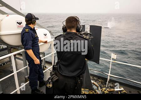 Crew members onboard HMCS Margaret Brooke training at firing a 0.50 ...