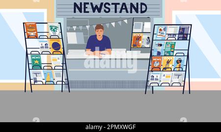 Newsstand kiosk selling magazines or newspapers against background of ...