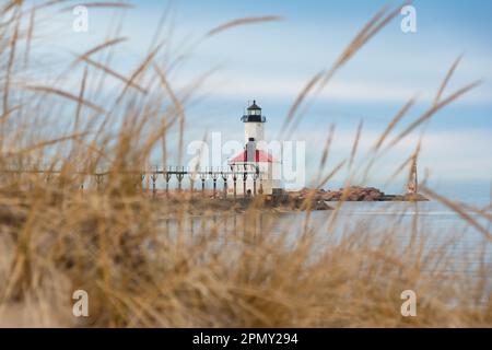 View of the Michigan City lighthouse from Washington Park Beach on a ...