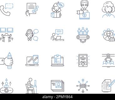 Implementing line icons collection. Integrating, Executing, Applying, Enacting, Launching ...