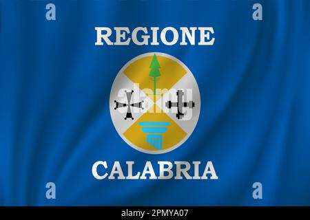 Flag of Calabria waving in the wind on silk background. State Italy ...