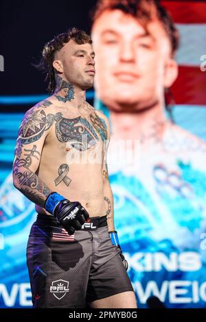 April 14, 2023: (R-L) Welterweight Brandon Jenkins kicks Zach Juusola ...