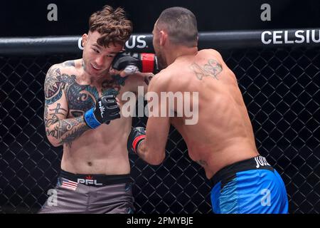 April 14, 2023: (L-R) Welterweight Zach Juusola punches Brandon Jenkins ...