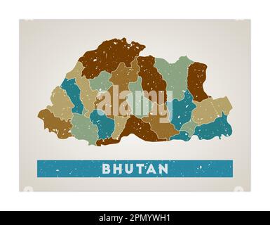 Bhutan vintage map. Grunge poster with map of the country in retro ...