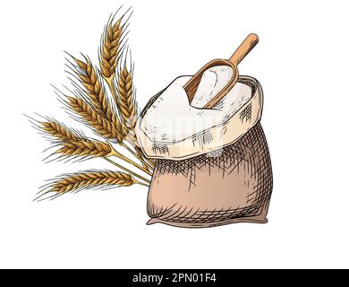 Outline sketch of bag of flour with shovel vector illustration on white ...