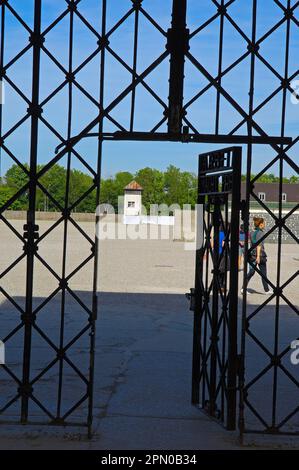 Dachau, concentration camp: main camp gate, sign slogan "Arbeit macht ...