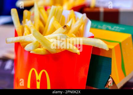 Big Mac Box with McDonald's logo and French fries in McDonald's ...