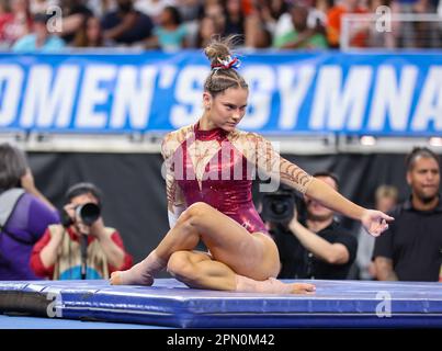 Oklahoma gymnast Jordan Bowers competes during an NCAA gymnastics meet ...