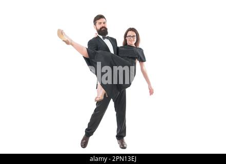 Man carry attractive lady dancer. Dancing music. Couple elegant dancing ...