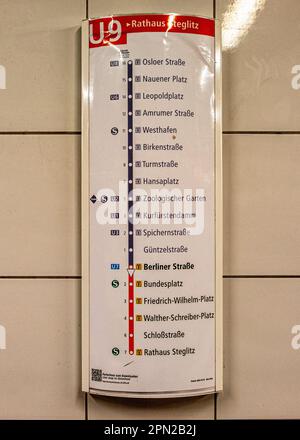 Berlin U-Bahn underground railway U9 line - route diagram on red tiled ...