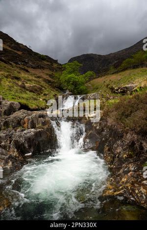 Waterfalls in Cwm Llan beside the well known Watkin Path, Snowdonia ...