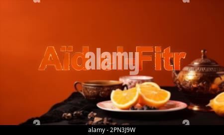 Eid, Aïd moubarak text on the first plan Middle-East food on the second ...