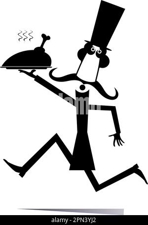 Man carries a tray with meat. Running long mustache man in the top hat ...