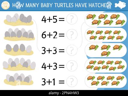 Addition game with cute cartoon turtle. Math game for kids Stock Vector ...