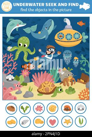 Vector under the sea searching game with sea landscape, whale, divers ...