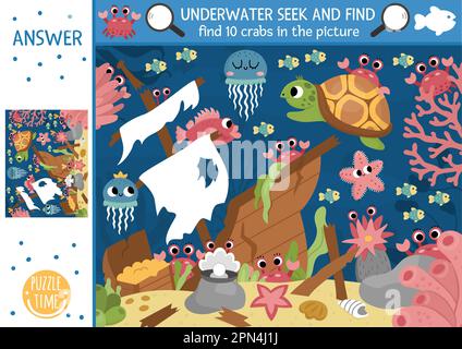 Vector under the sea searching game with sea landscape, submarine ...
