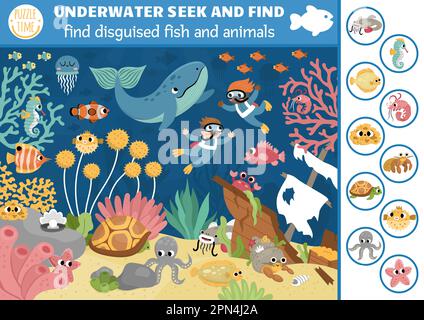 Vector under the sea searching game with sea landscape, submarine ...