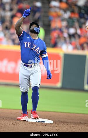 Texas Rangers' Nathaniel Lowe celebrates his double as Houston Astros ...