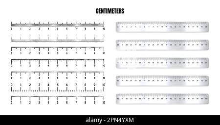 Realistic metal rulers with black centimeter scale for measuring length ...
