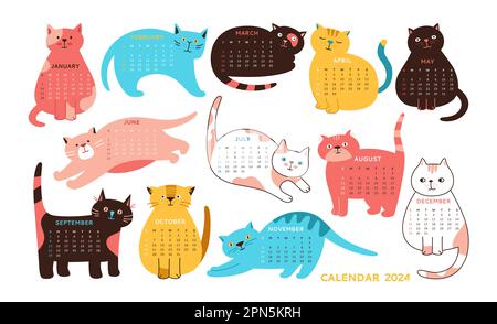 Calendar 2023 with cartoon Cats template page and cover set. Monthly ...