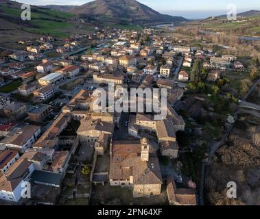 Aerial scenic view of Travo Village, Trebbia river, Valley landscape ...