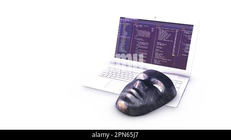 Hacker mask on laptop with chroma screen for cyber security concept ...