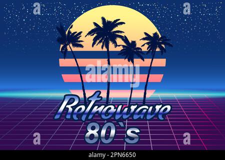Synthwave 80 s retro banner vaporwave aesthetic background. Palms ...