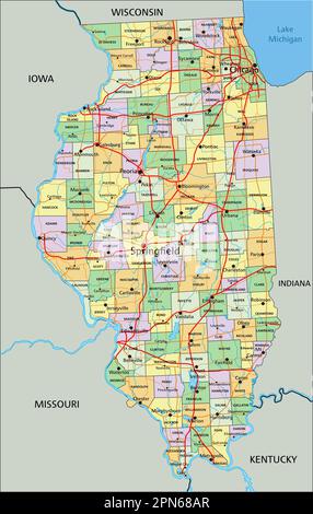 Illinois - Highly detailed editable political map with labeling Stock ...