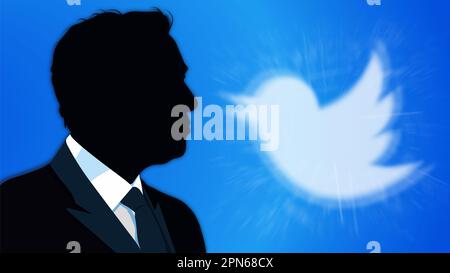 Silhouette of Elon Musk with the Twitter logo in front of a banner with ...