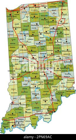 Indiana - Highly detailed editable political map with labeling Stock ...