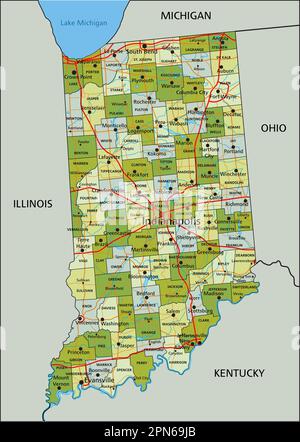 Indiana - Highly detailed editable political map with labeling Stock ...