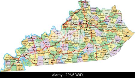 Kentucky - Highly detailed editable political map Stock Vector Image ...